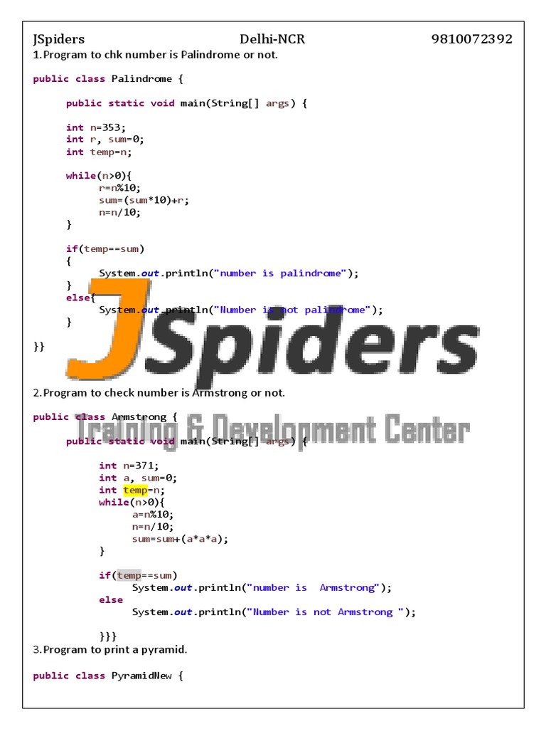 Jspiders Delhi-Ncr 9810072392: 1.program To CHK Number Is Palindrome or ...