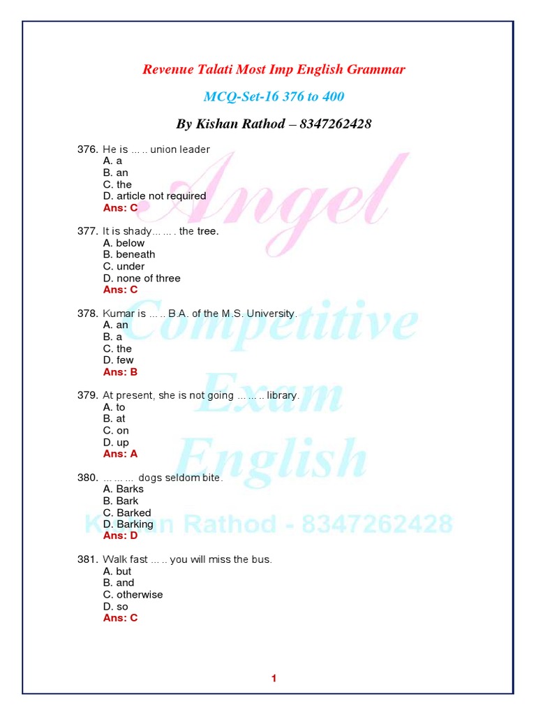 Revenue Talati Most Imp English Grammar: by Kishan Rathod - 8347262428 | PDF