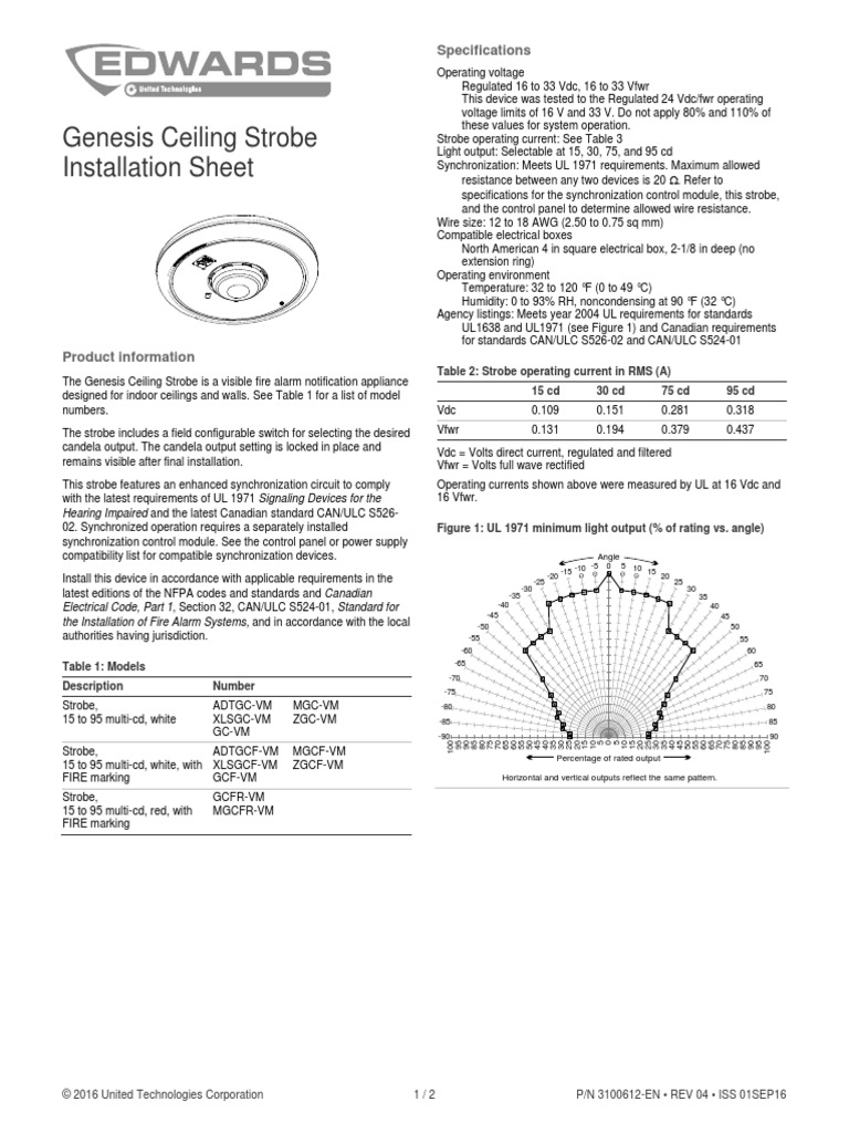 Genesis Ceiling Strobe Installation Sheet: Specifications | PDF ...