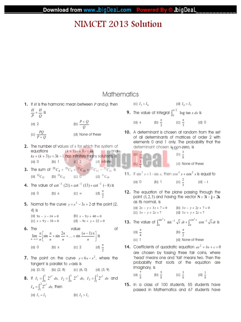 NIMCET 2013 Solution: Mathematics | PDF | Integer | Triangle