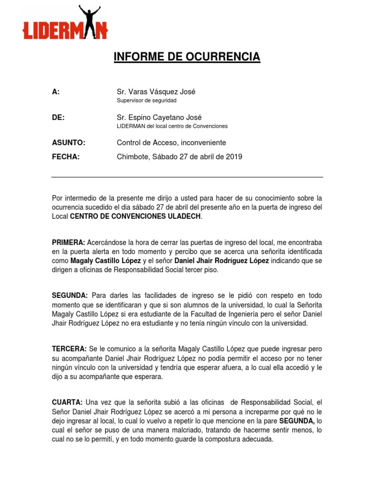 Informe de Ocurrencia Modelo | PDF