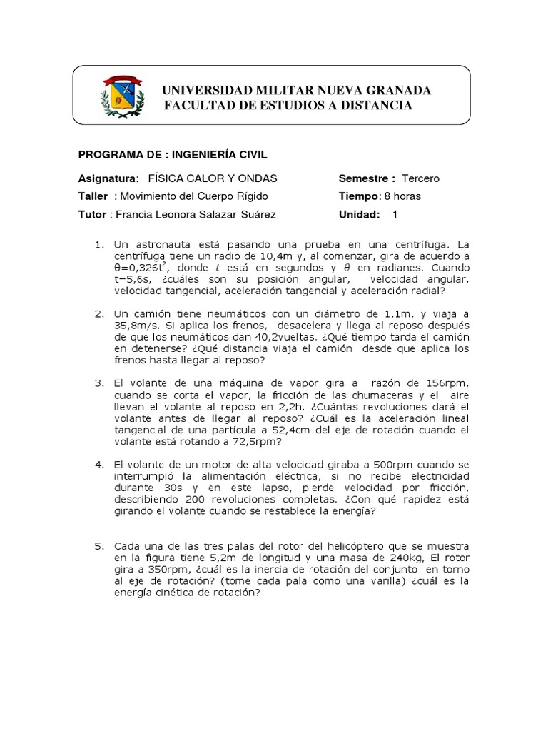 Taller 1 Calor y Ondas | PDF | Rotación | Esfuerzo de torsión
