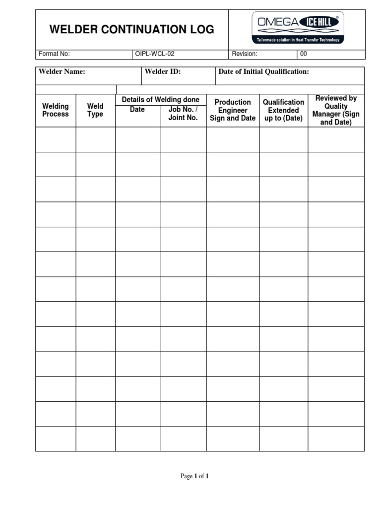 Welder Continuation Log: Welder Name: Welder ID: Date of Initial ...