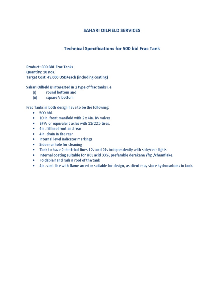 500 BBL Frac Tank - Technical Spec | PDF