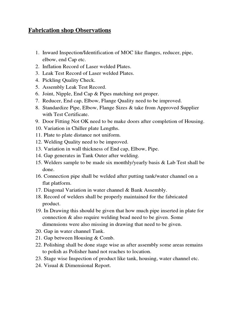 Fabrication Shop Observations | PDF