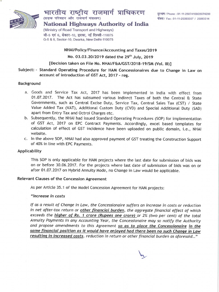 NHAI GST Circular No. 03.03.20/2019 Dated 29.07.2019 | PDF