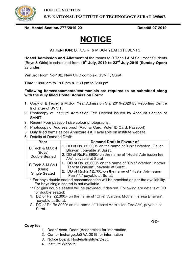 SVNIT Hostel Admission Notice 2019 | PDF | Official Documents ...