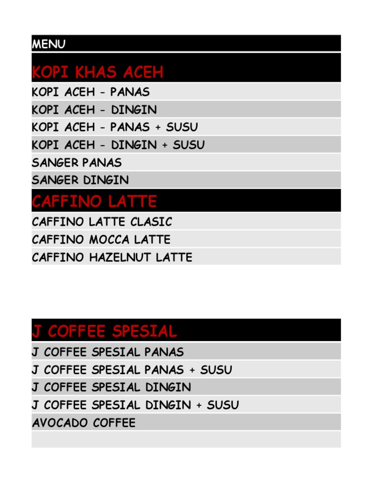 Menu J Coffee | PDF