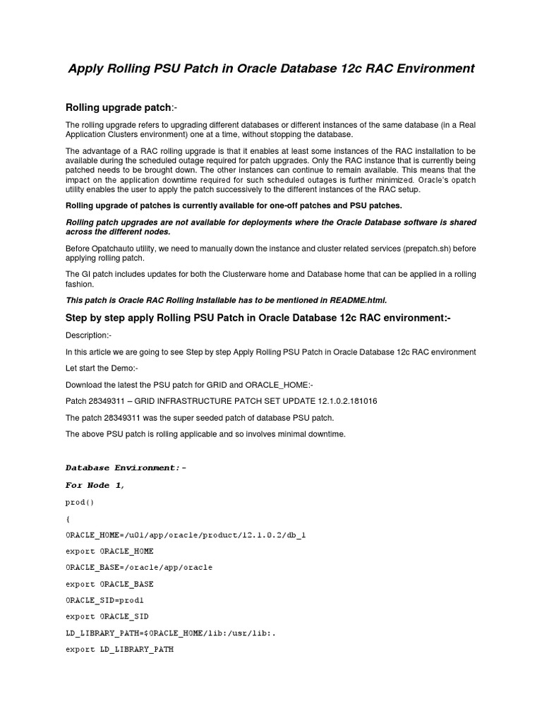 Apply Rolling PSU Patch in Oracle Database 12c RAC Environment | PDF | Oracle Database | Grid ...