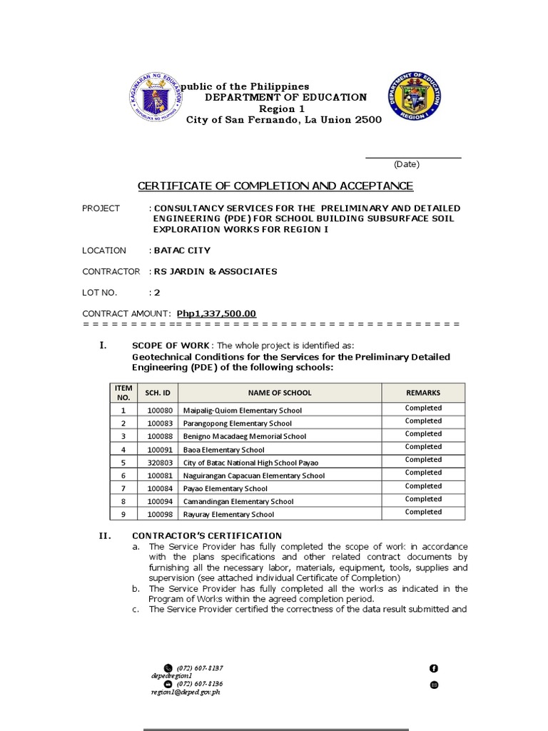 Lot 2 B.C.-cert. of Completion & Acceptance | PDF | Engineering | Business