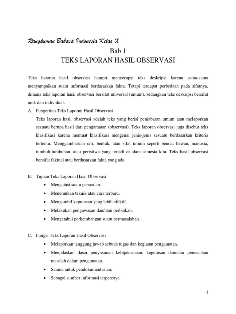 Rangkuman Bahasa Indonesia Kelas X: Bab 1 Teks Laporan Hasil Observasi | PDF | Karier ...
