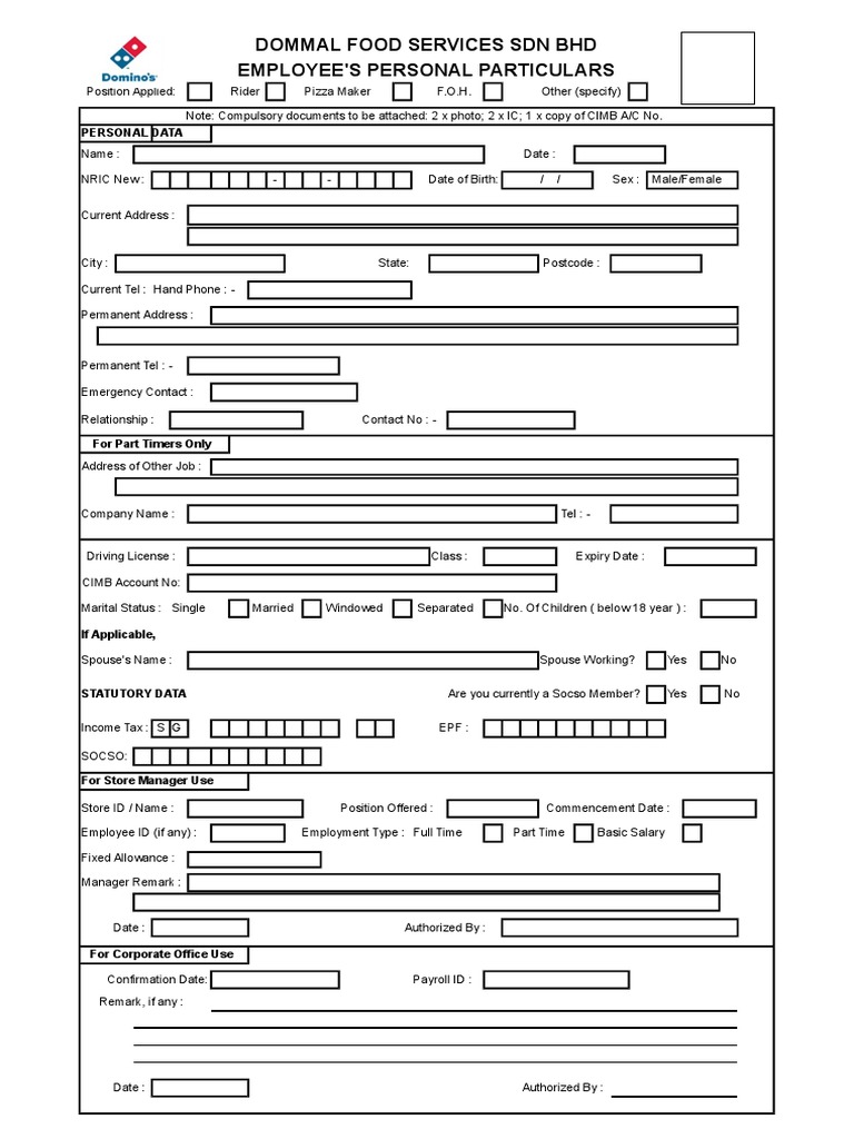 Employee Onboarding Form for Dommal Food Services Sdn Bhd | PDF