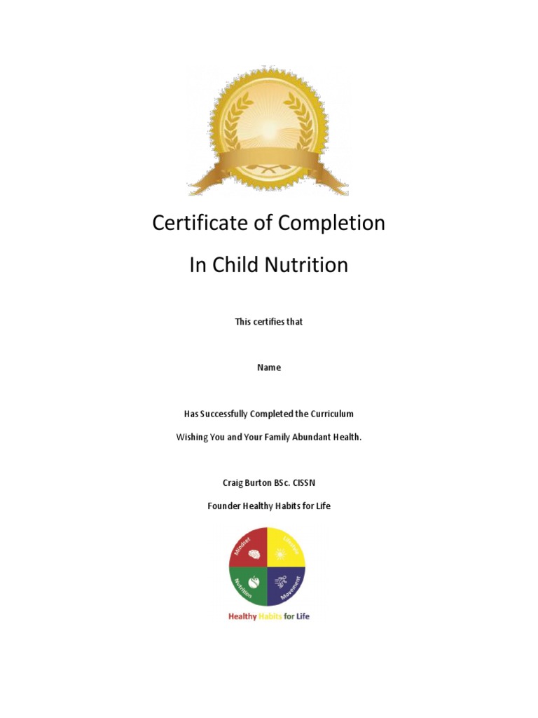 Certificate of Completion in Child Nutrition: This Certifies That | PDF