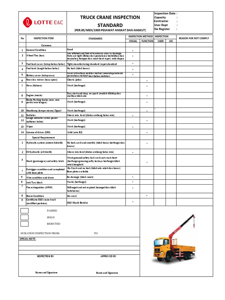 Truck Crane Inspection Standards | PDF | Transport | Motor Vehicle