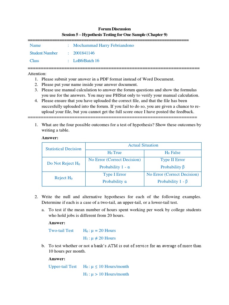 Hypothesis Testing One Sample Test Pdf Statistical Hypothesis