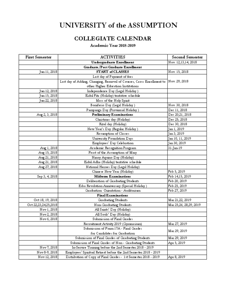 SY2018 2019 Collegiate Academic Calendar v.092818 | PDF | Academic Term ...