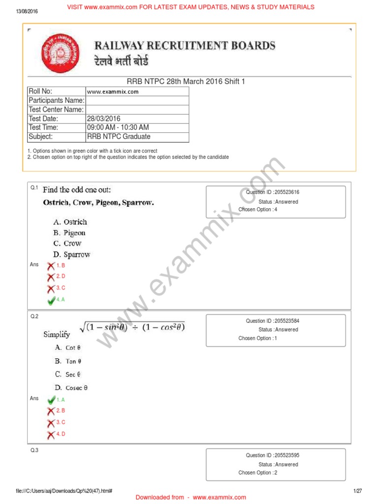 RRB NTPC CBT 1 Question Paper 28th March All Shift English | PDF ...