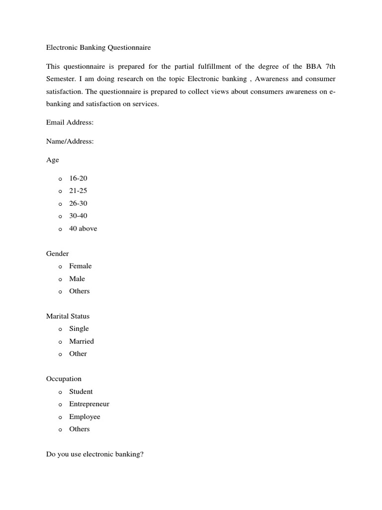 Electronic Banking Questionnaire | PDF | Online Banking | Banks & Banking