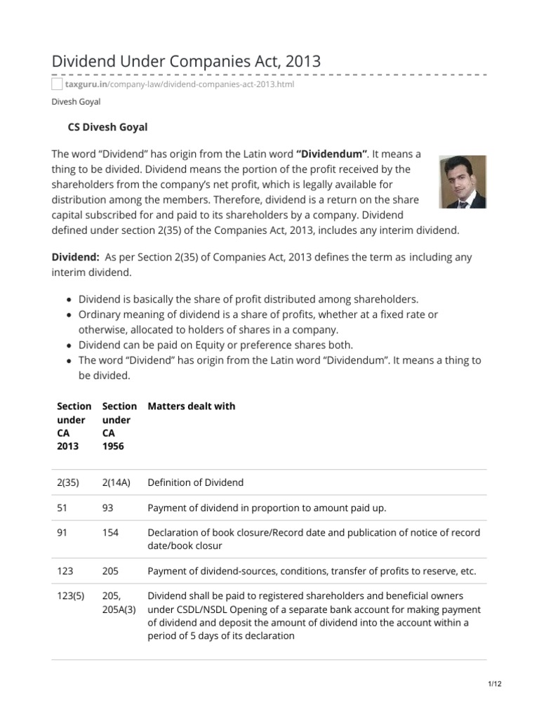 An Overview of Dividend Provisions Under the Companies Act, 2013 | PDF ...