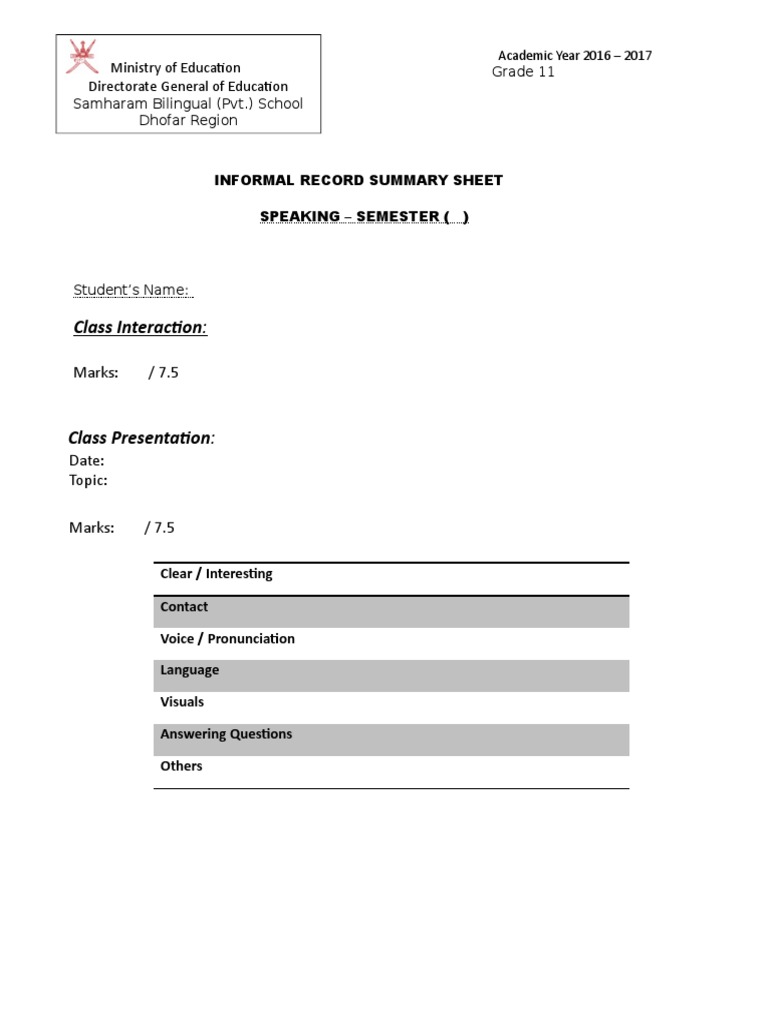 Informal Record Summary Sheet | PDF | Language Arts & Discipline ...