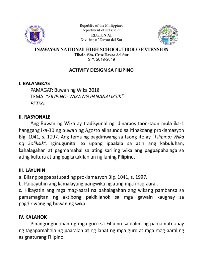 Activity Design Filipino | PDF