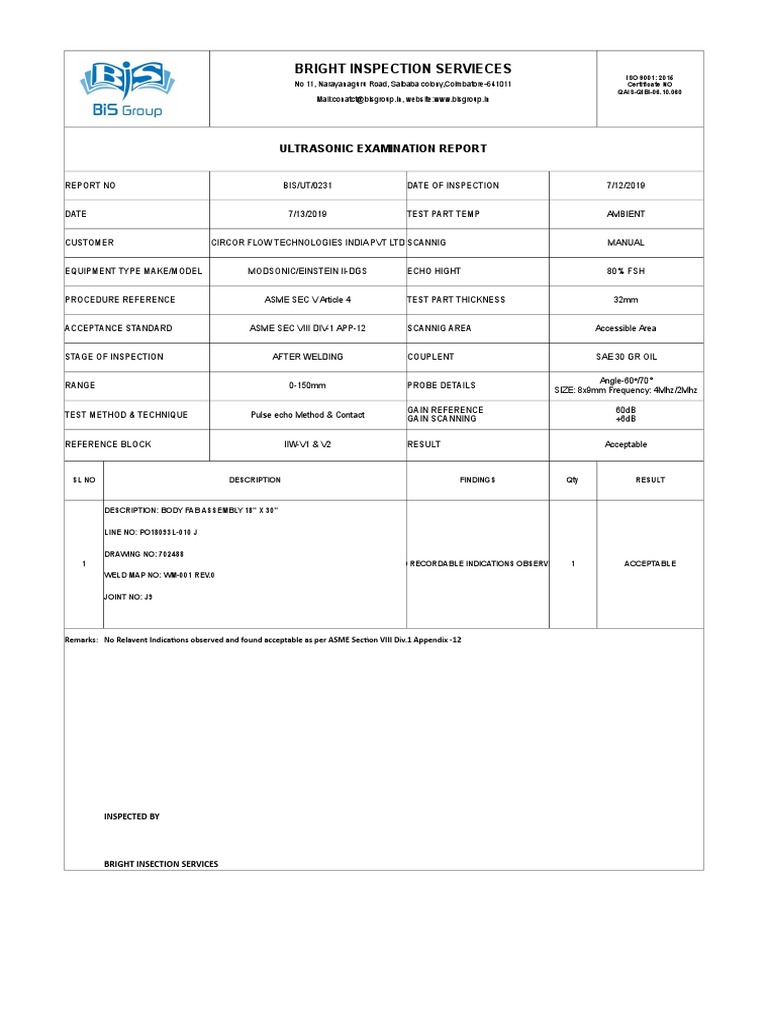 Bright Inspection Servieces: Ultrasonic Examination Report | PDF ...