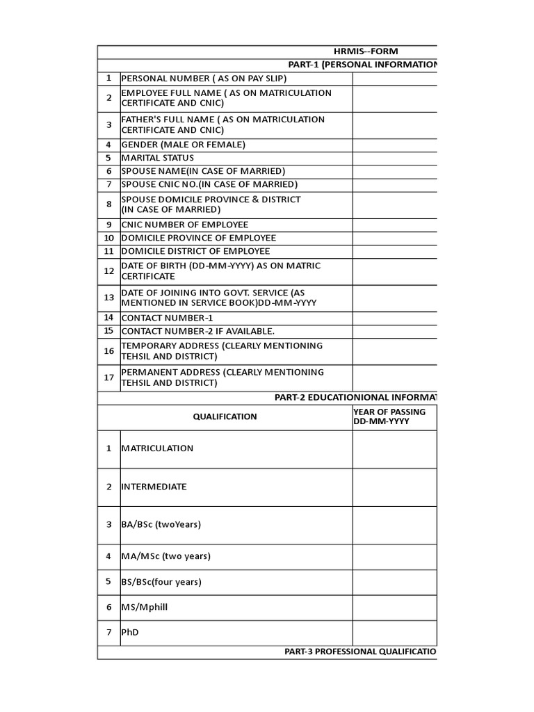 Hrmis - Form Part-1 (Personal Information) : Qualification Year of ...