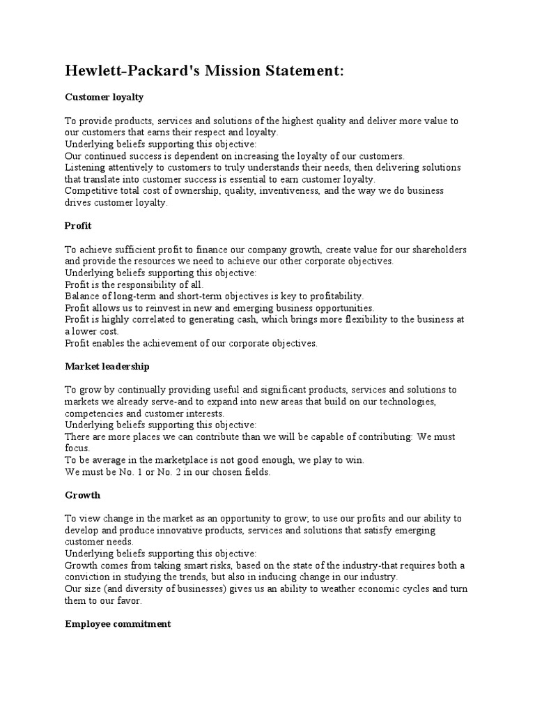 Hewlett-Packard's Mission Statement:: Customer Loyalty | PDF | Profit ...