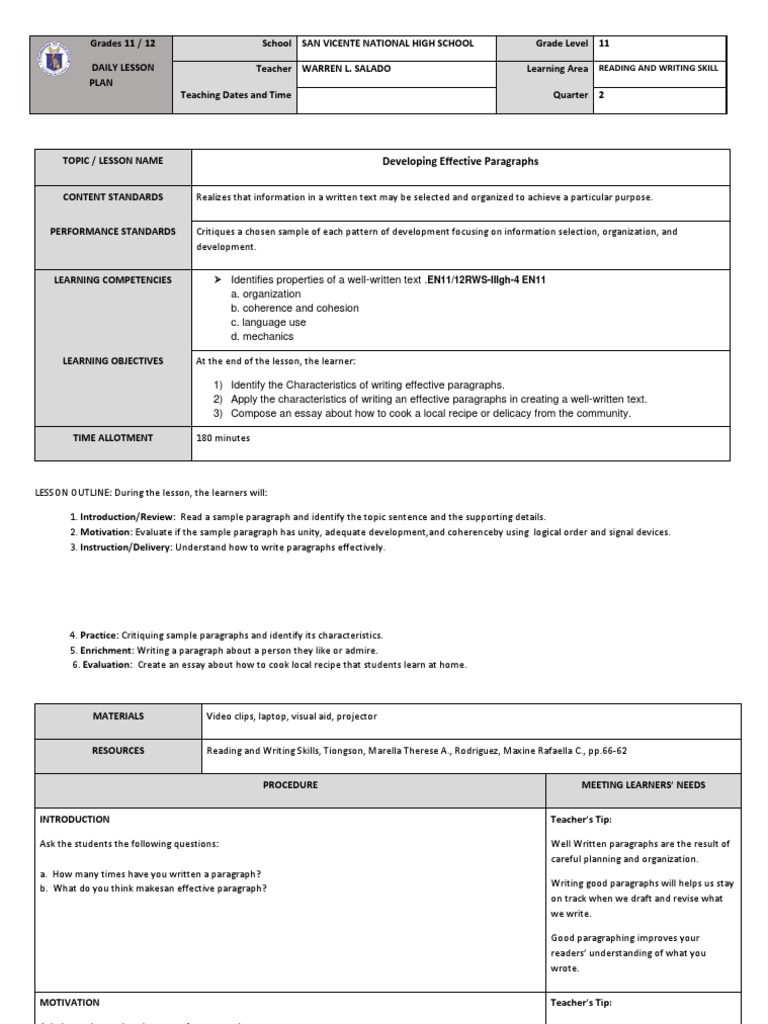 DLP Reading & Writing | PDF | Paragraph | Motivation