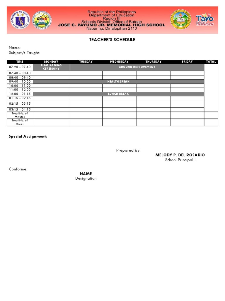 Teacher's Weekly Schedule Template | PDF