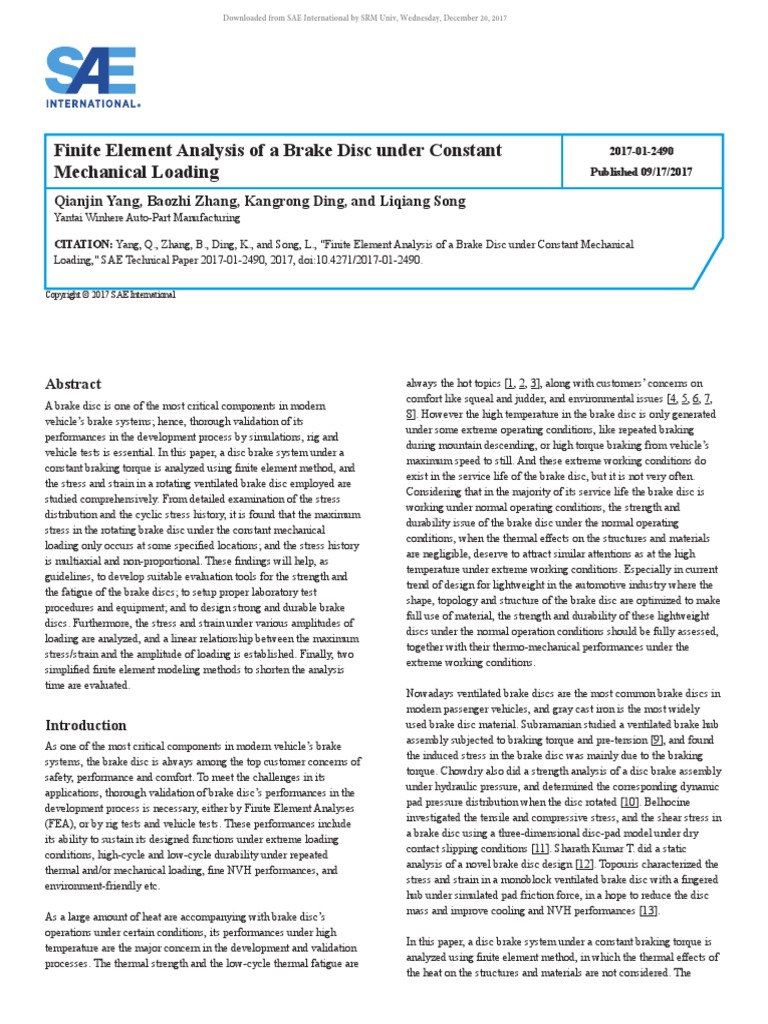 FEA of Brake Discs | PDF | Stress (Mechanics) | Yield (Engineering)