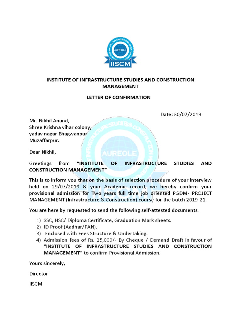 Letter of Confirmation | PDF