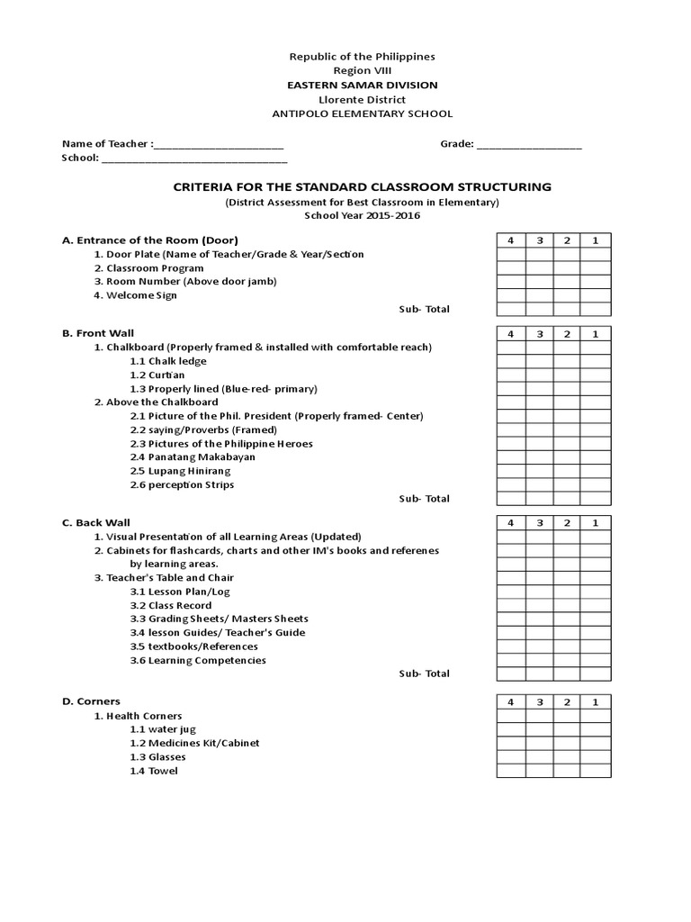Criteria For The Standard Classroom Structuring | PDF