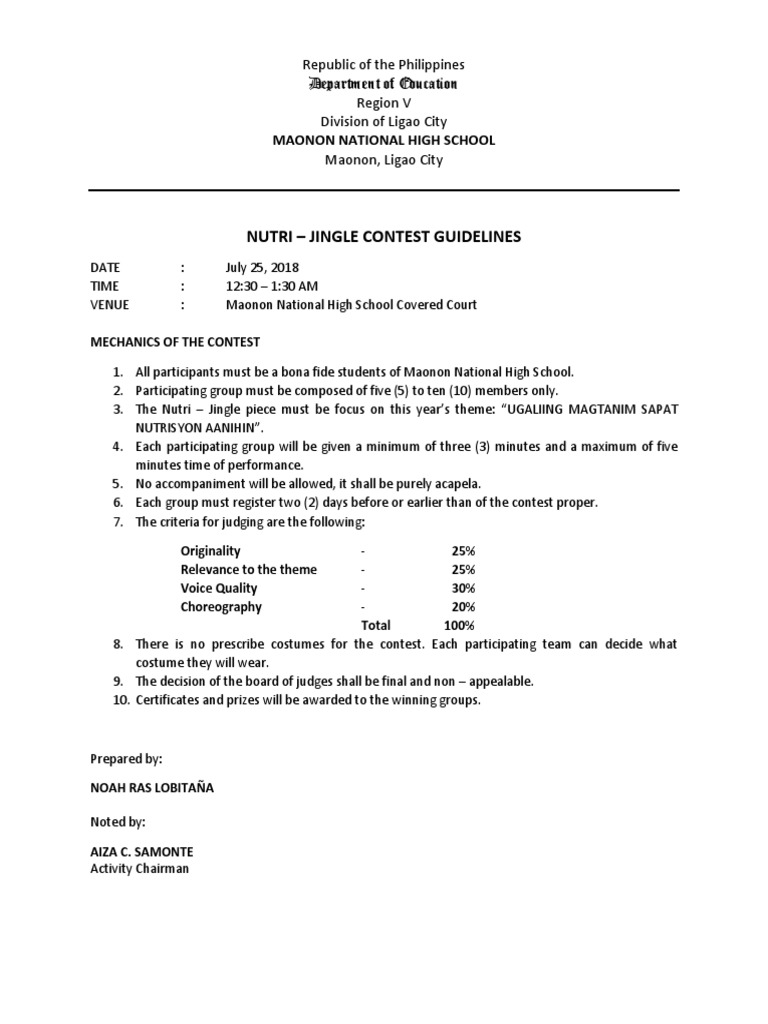 Nutri - Jingle Contest Guidelines: Maonon National High School | PDF ...