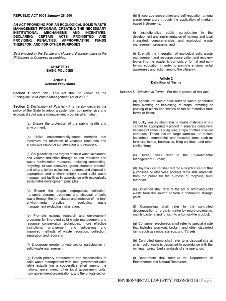RA 9003: Ecological Waste Management Act | PDF | Waste Management ...