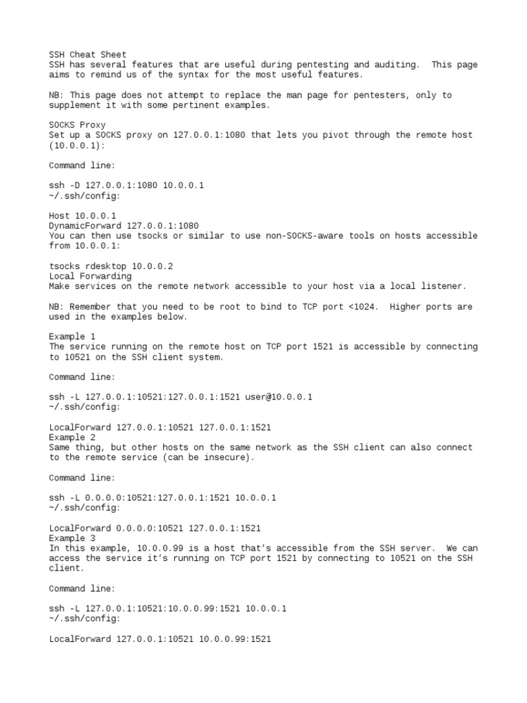 SSH Cheat Sheet | PDF | Secure Shell | Port (Computer Networking) SSH Cheat Sheet | PDF | Secure Shell | Port (Computer Networking)