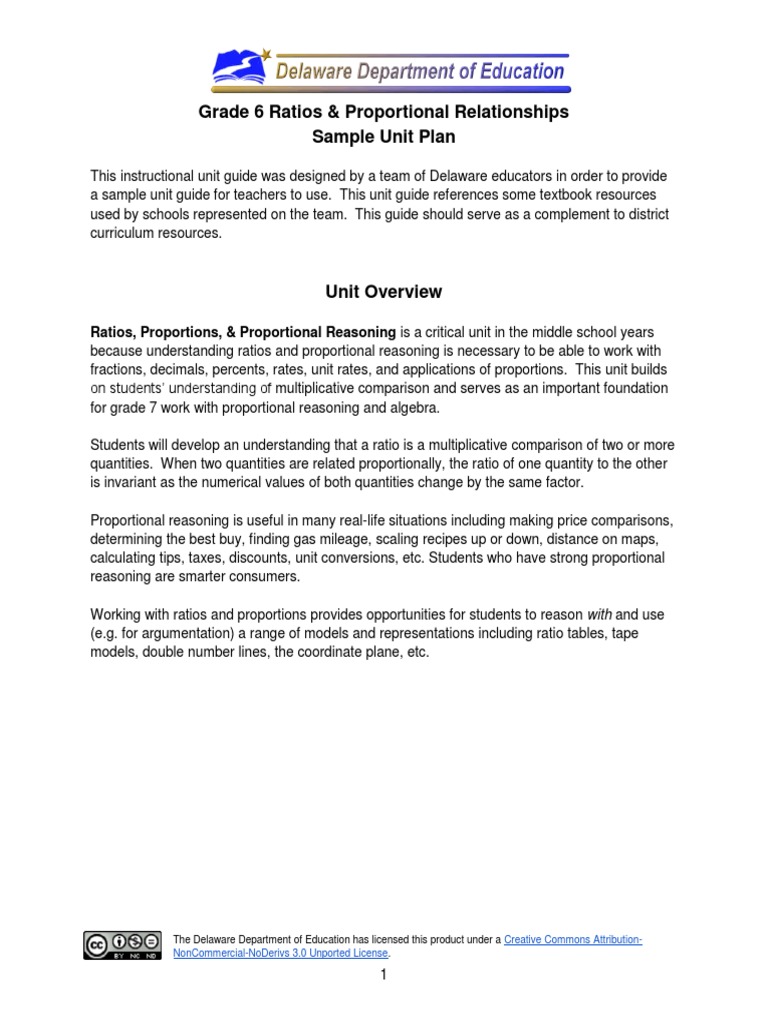 Grade 6 Ratios & Proportional Relationships Sample Unit Plan | PDF ...