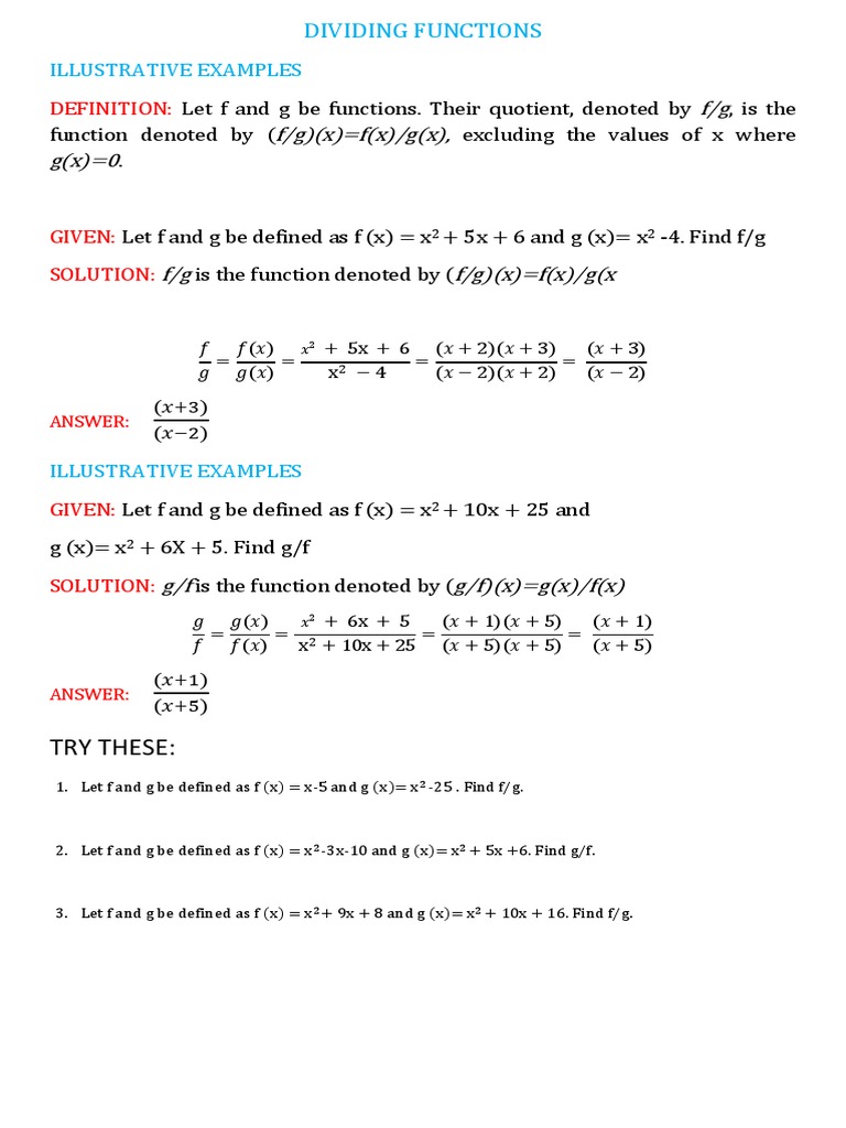 Dividing Functions: F/G F/G) (X) F (X) /G (X), G (X) 0 | PDF ...