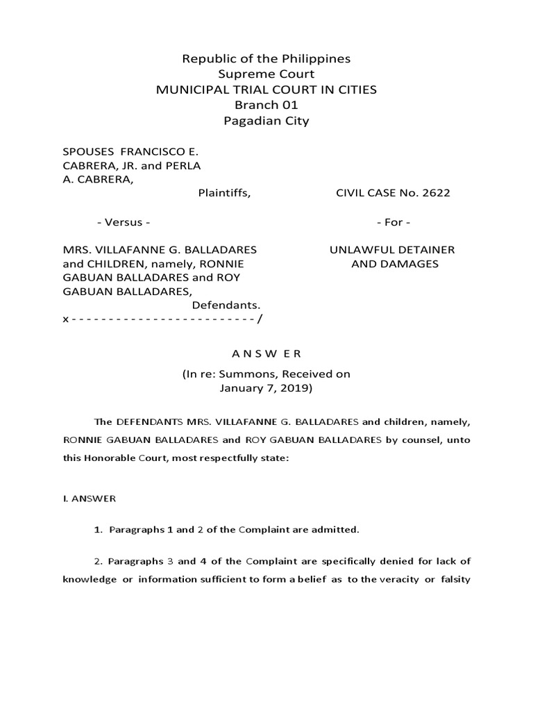 Answer of Balladares in Unlawful Detainer Case | PDF | Lawsuit | Lease