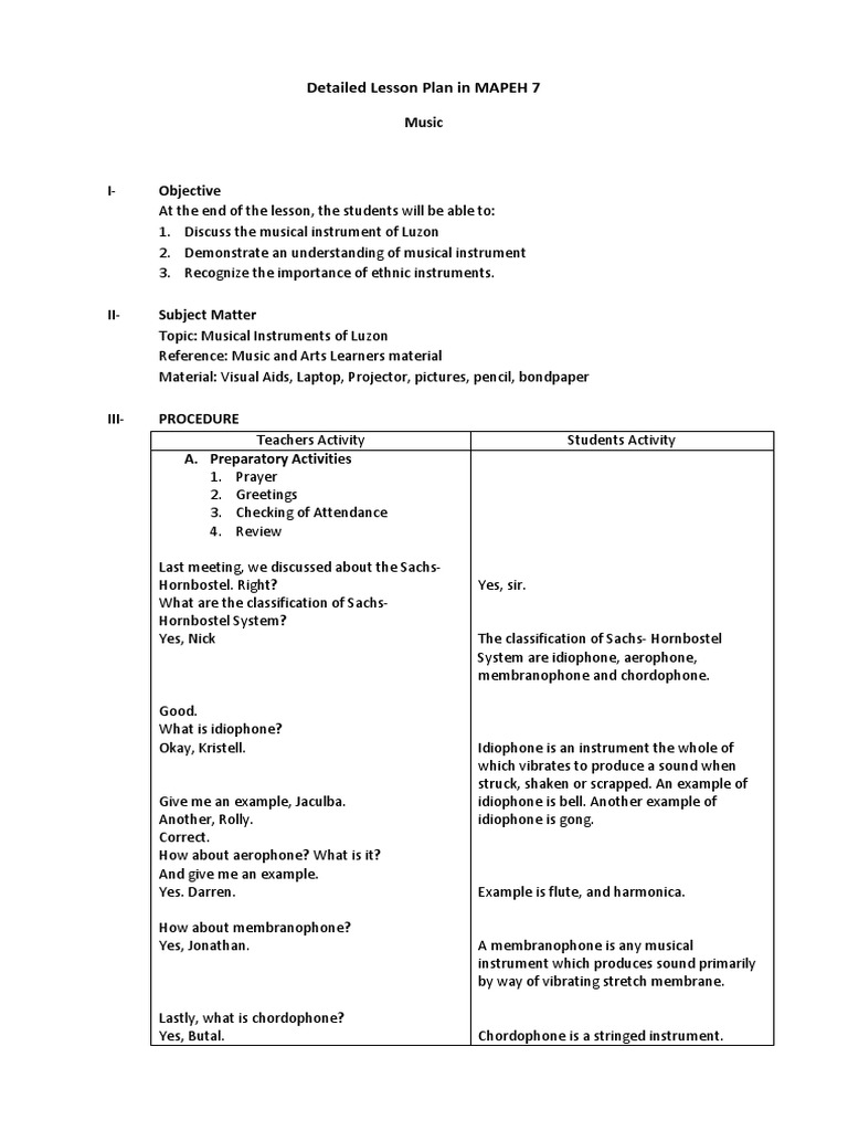Detailed Lesson Plan in MAPEH 7 | PDF | Musical Instruments | Lesson Plan