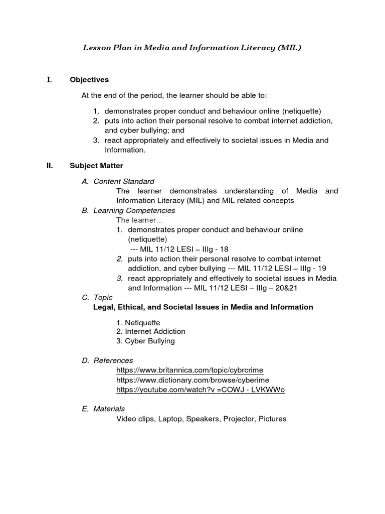 Mil Lesson Plan | PDF | Cyberbullying | Bullying