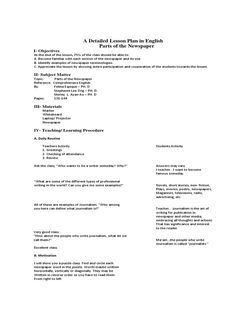 A Detailed Lesson Plan in English Parts of The Newspaper: I-Objectives ...