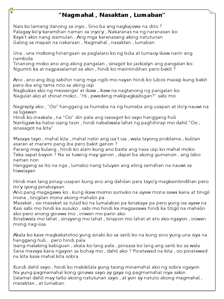 Nagmahal, Nasaktan, Lumaban (Spoken Poetry) by Jackielyn Dela Cruz | PDF