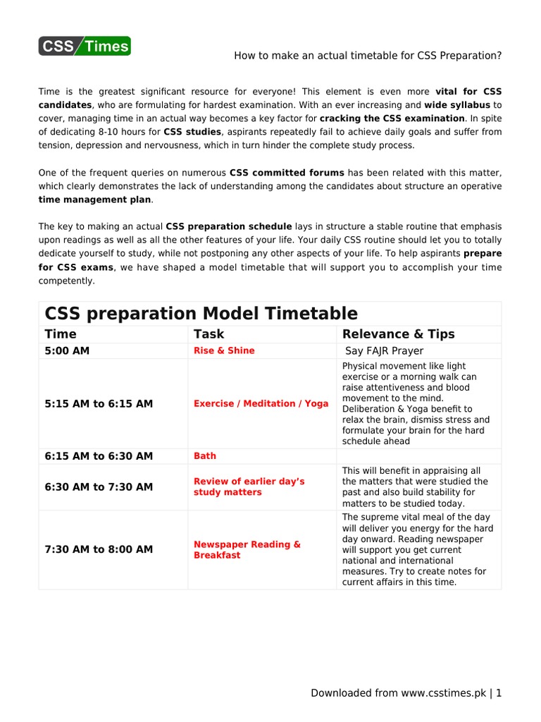 How To Make An Actual Timetable For Css Preparation Pdf Meal Lunch