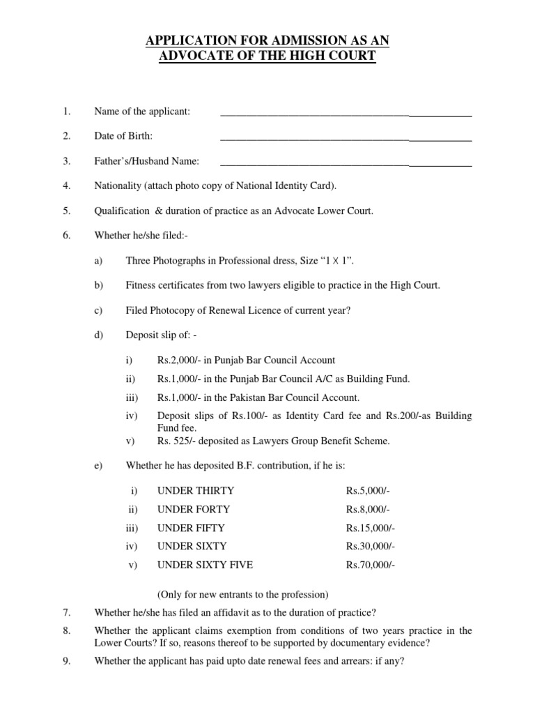 High Court Advocate Admission Application | PDF | Advocate | Identity ...