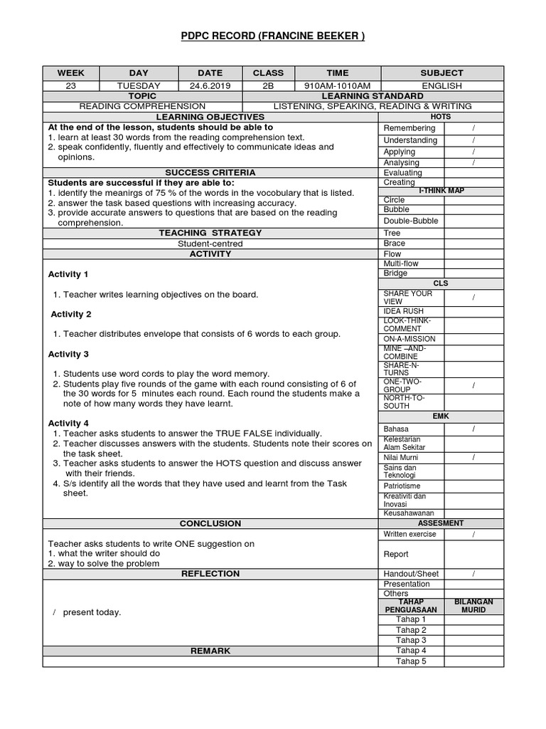 English Lesson Plan For Form 2 | PDF | Reading Comprehension ...