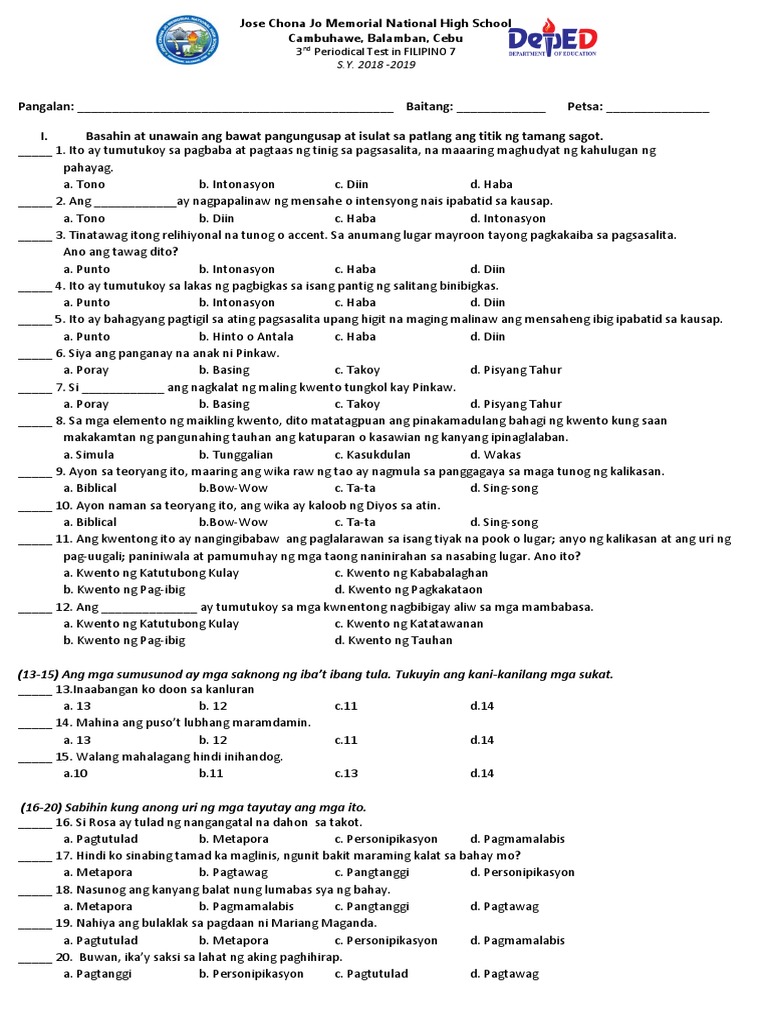 FILIPINO 7 - Test Paper | PDF