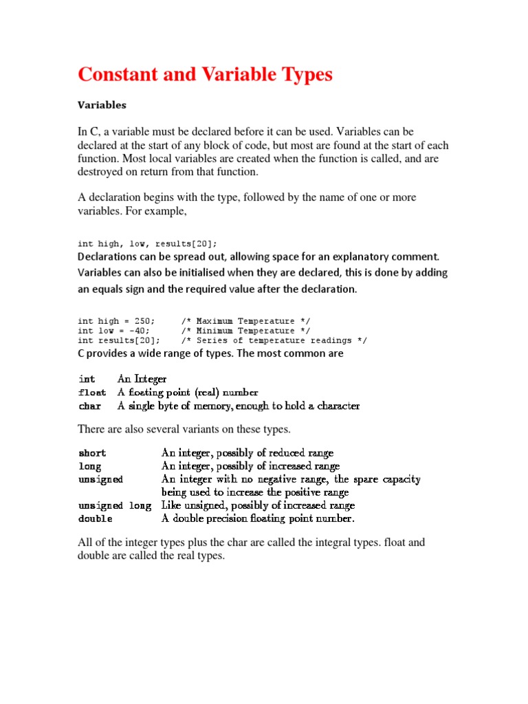 Constant And Variable Types Pdf Array Data Structure Integer Computer Science