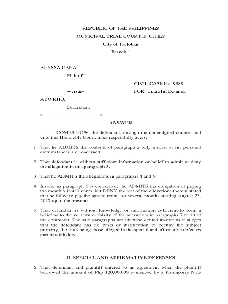 Unlawful Detainer Answer | PDF | Lawsuit | Social Institutions