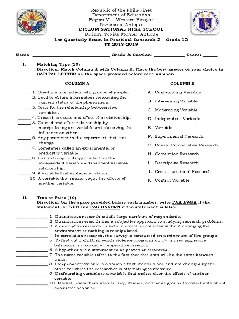 1st Quarterly Exam in Grade 12 Practical Research 2 | PDF | Survey ...